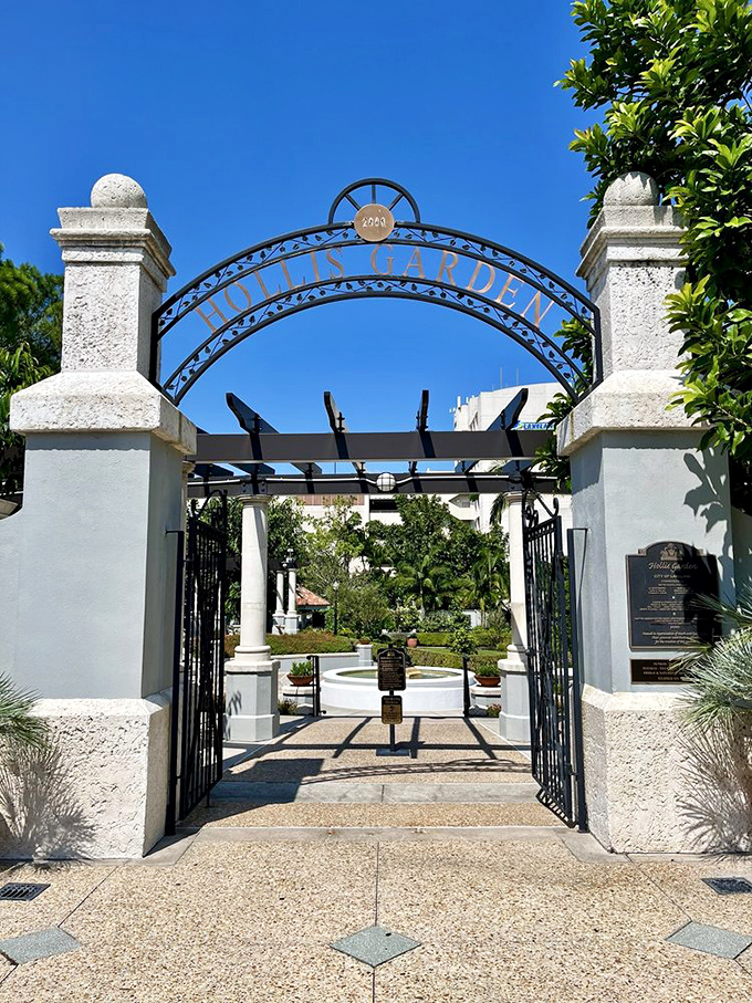 The grand entrance to Hollis Garden beckons visitors through wrought-iron elegance, promising botanical wonders beyond the threshold.