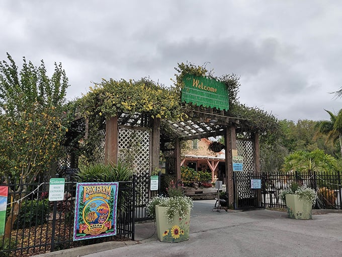 The enchanted entrance beckons visitors into a world where fairy tales and flora collide in the most delightful way possible.