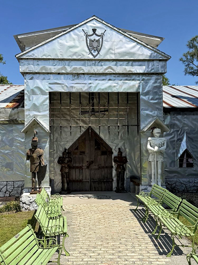 Knights guard the entrance to this metallic kingdom, standing stoically as if daring you not to smile at their recycled armor.