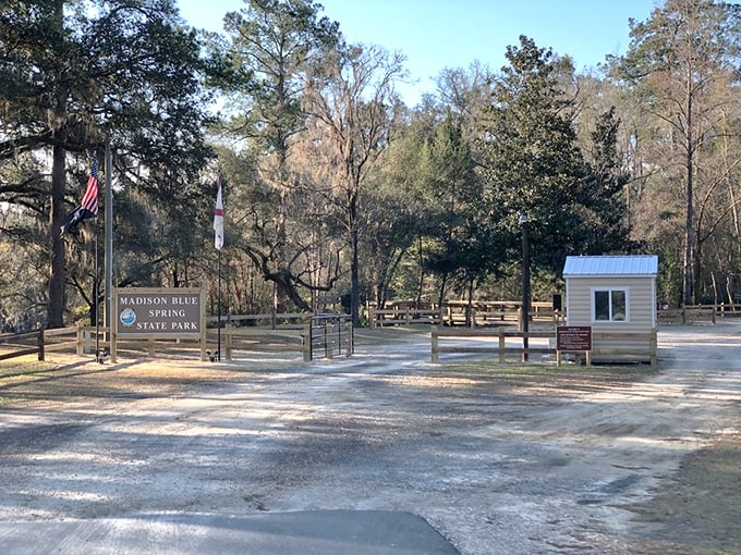 Entrance Area: The unassuming gateway to aquatic wonder &ndash; Madison Blue Spring's entrance doesn't hint at the breathtaking beauty waiting just beyond.