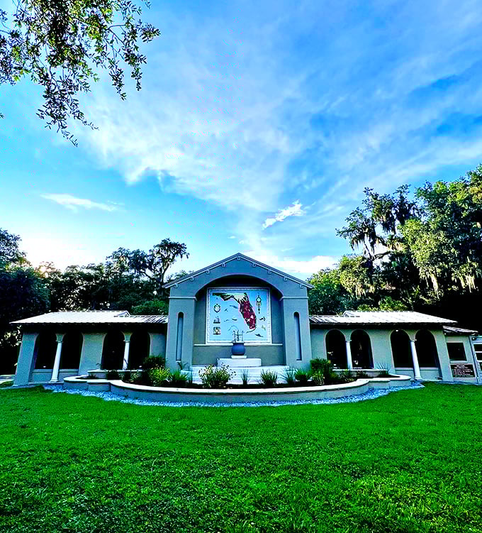 Not your average park entrance! This Spanish-inspired pavilion sets the stage for the historical journey awaiting beyond its arched doorways.