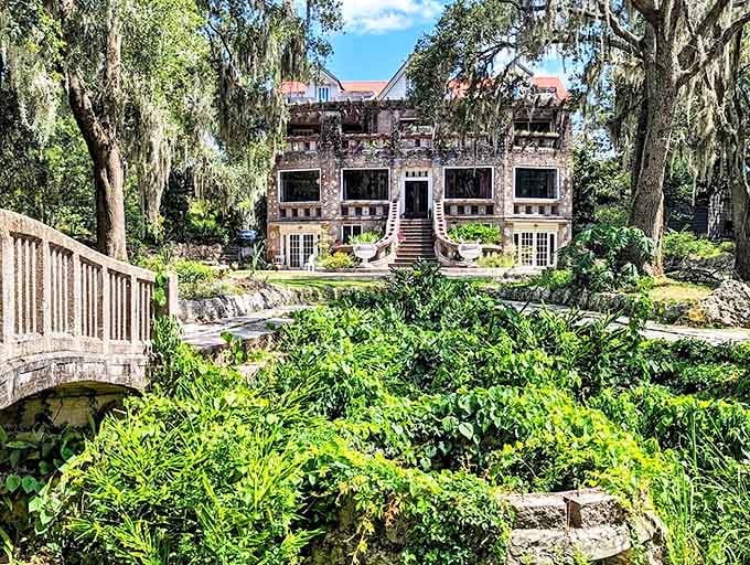 Approaching this architectural oddity feels like discovering a forgotten movie set, where Spanish moss and stone create a backdrop for unexpected adventures.