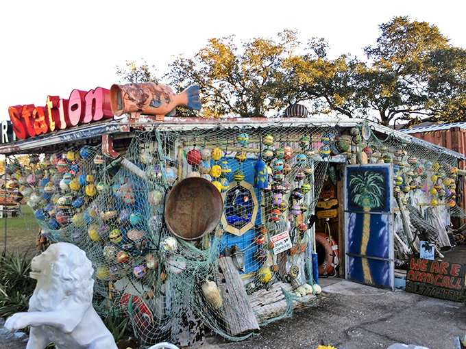 The exterior resembles what might happen if a hurricane hit a marina and a craft store simultaneously, then someone with vision rearranged the aftermath.