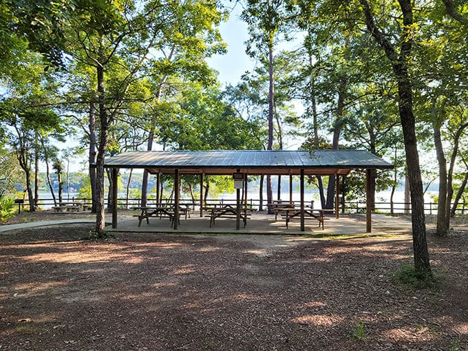 This covered pavilion offers prime real estate for family gatherings, complete with bayou views that make even cafeteria food taste gourmet.