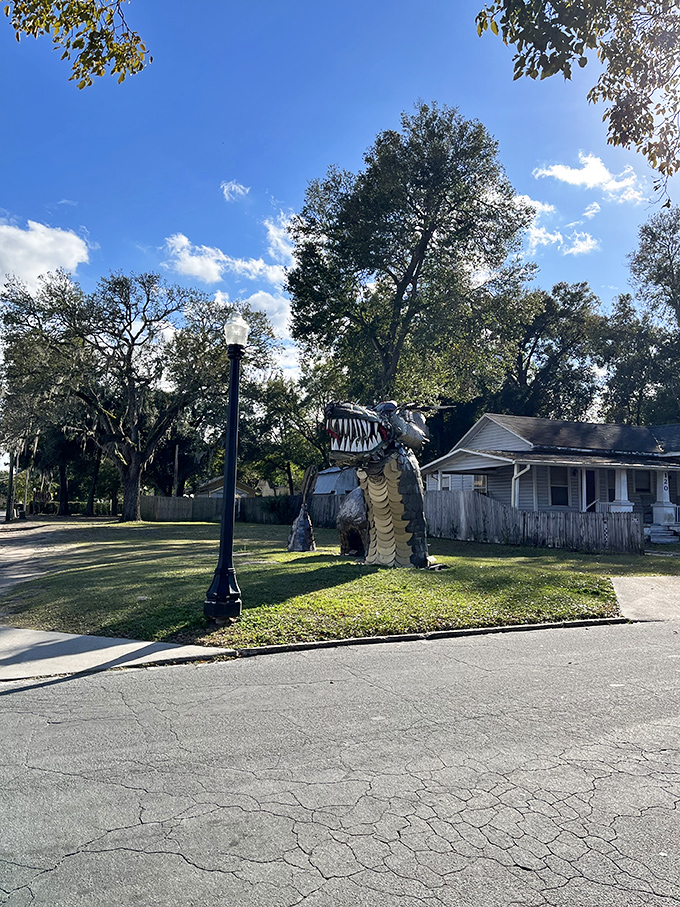 From the front, this magnificent metal monster reveals its fearsome face, complete with razor-sharp teeth that would make even the bravest knight reconsider his career choices.
