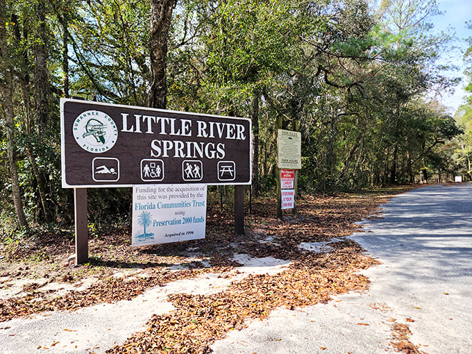 Welcome to paradise! The entrance sign to Little River Springs promises adventure while the Florida Communities Trust ensures its preservation for generations.