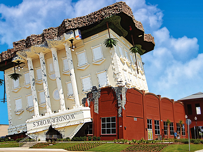 Classical architecture meets disaster movie set in this full view of WonderWorks, where even the palm trees refuse to obey gravity's rules.