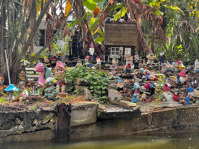 Whimsy meets wilderness at the canal's famous gnome garden, where a colorful community of pointy-hatted residents has established their quirky waterfront society.