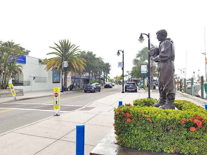 Standing sentinel over the docks, this bronze sponge diver reminds us where Tarpon Springs' Greek story began.