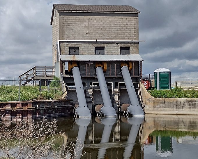 This historic pump house stands as a monument to the area's agricultural past, now watching over wetlands instead of farmland in a career change we can all appreciate.