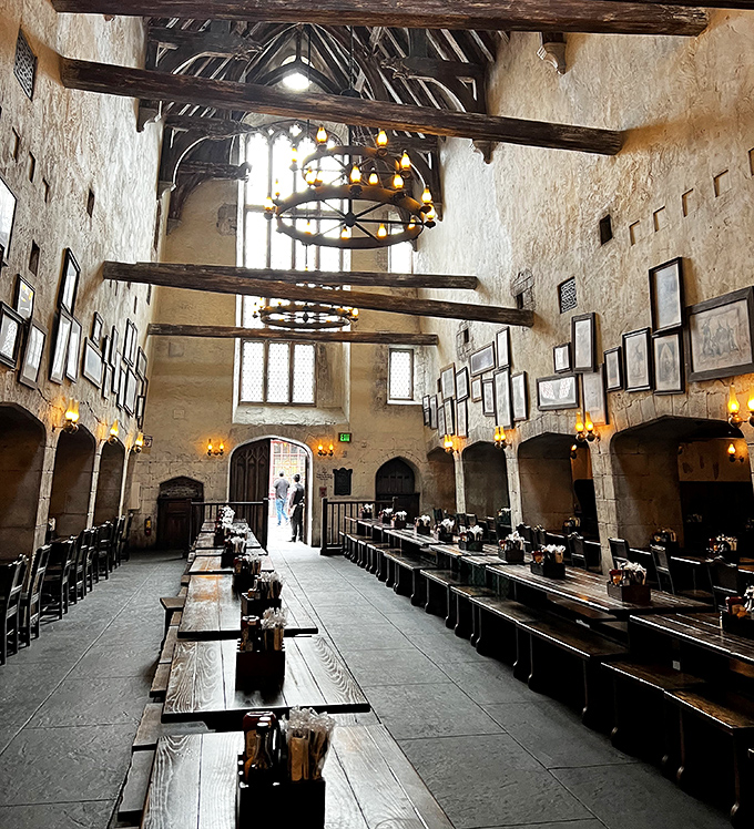 Medieval grandeur meets magical coziness in this great hall, where wooden beams and stone walls transport diners centuries back in time.