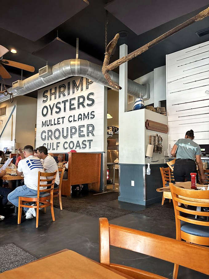 Inside, nautical authenticity reigns with that giant "SHRIMP OYSTERS MULLET CLAMS GROUPER" sign &ndash; no mistaking what's on the menu here!