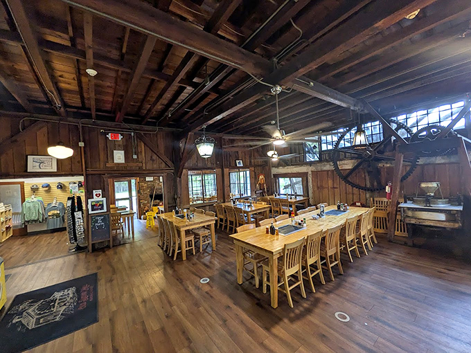 Inside, wooden beams and communal tables create a warm, inviting atmosphere where pancake magic happens daily.