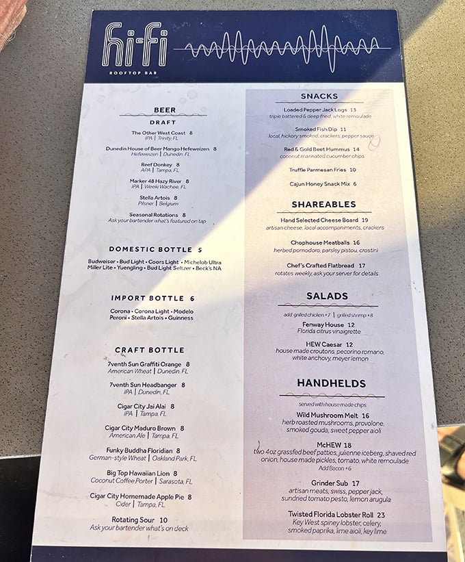 A menu that reads like a love letter to Florida's flavors, with local brews and coastal bites that'll make decision-making deliciously difficult.