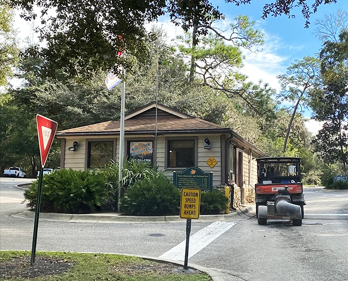 The gateway to aquatic bliss: This unassuming entrance booth guards Florida's best-kept secret like a modest bouncer at an exclusive underwater club.