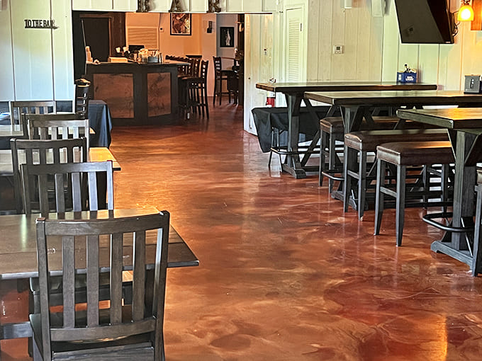 Inside, polished floors and mismatched chairs create a comfortable vibe that says "stay awhile" louder than any welcome mat ever could.