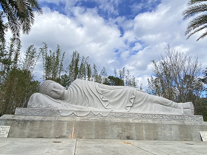 The magnificent Reclining Buddha stretches 40 feet long, its serene expression inviting visitors to slow down and breathe.