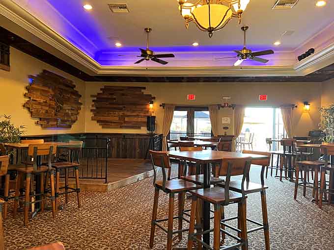 Inside, rustic wood accents and blue lighting create an ambiance that's both cozy and classy without any stuffiness whatsoever.