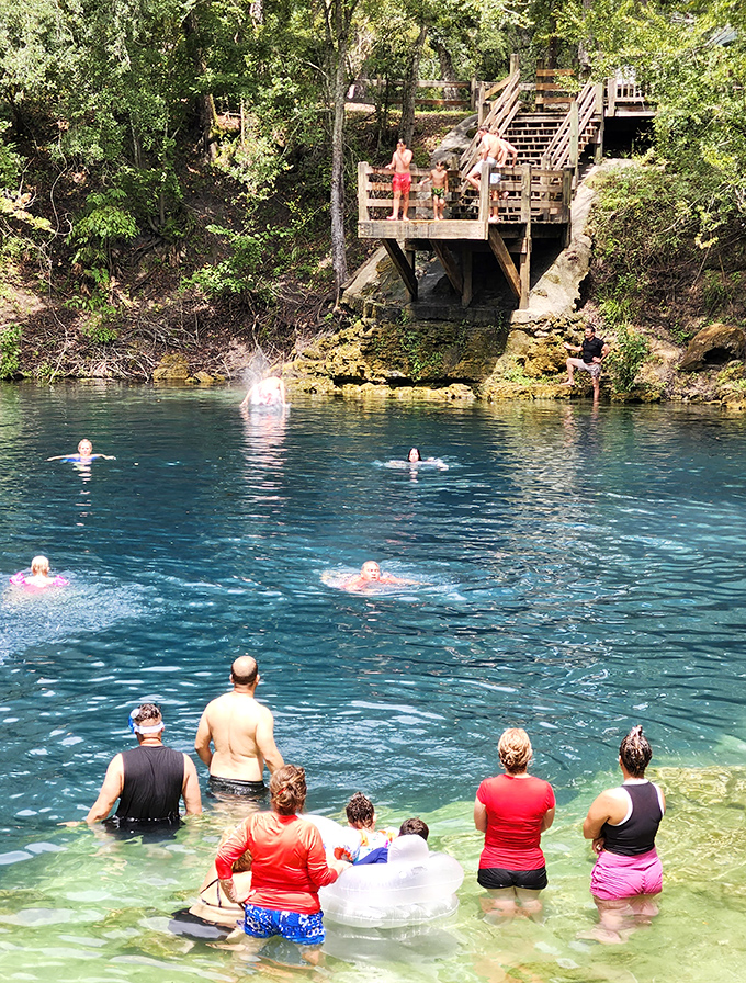 Swimmers float in liquid turquoise while cypress sentinels stand guard. Who needs a resort pool with this natural wonder?