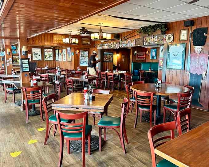Inside, wood paneling and maritime memorabilia create that cozy coastal vibe where flip-flops are formal wear and everyone's a regular.