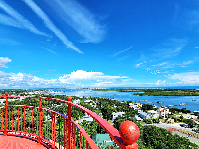 View from the top: After conquering 219 steps, your reward is this breathtaking panorama of coastline that makes your Instagram filters completely unnecessary.