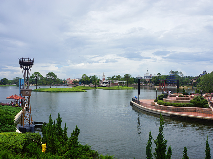 A serene lagoon view that rivals the Thames &ndash; minus the London fog! The pavilion's waterfront setting creates a postcard-perfect British scene in Florida sunshine.