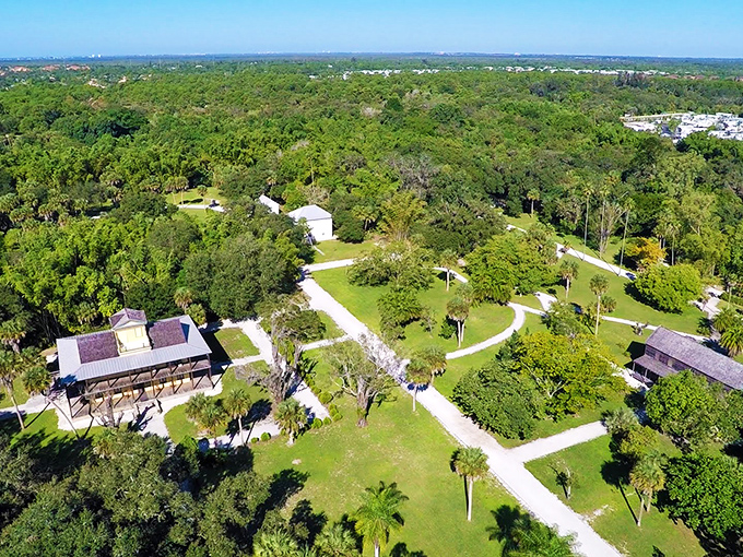 A bird's-eye view reveals the Koreshan settlement nestled in lush greenery &ndash; Florida's most philosophical forest from above.