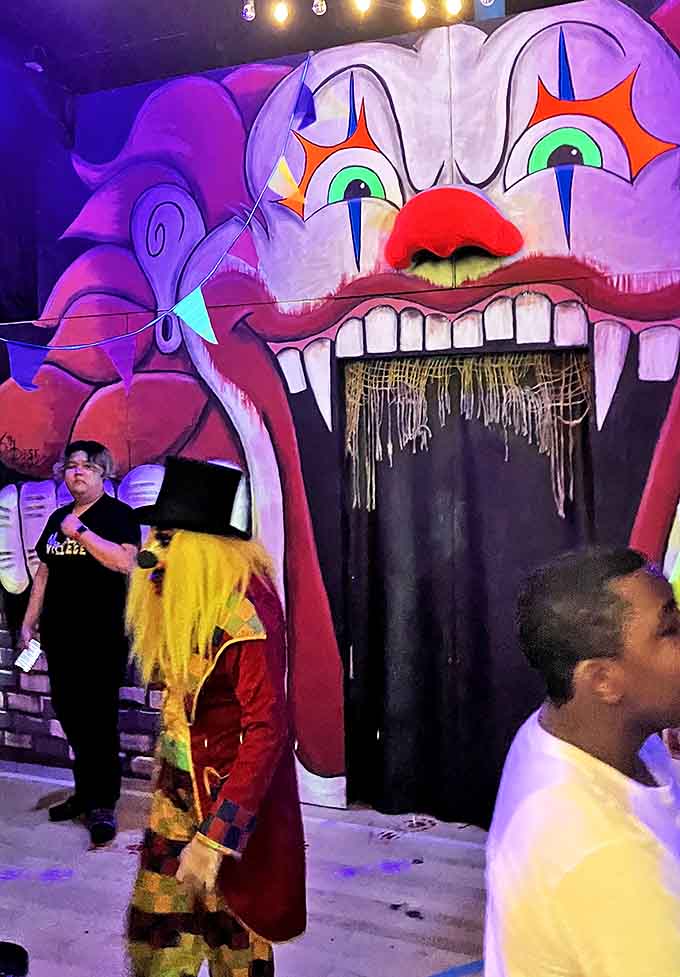Step right up into the jaws of madness! This psychedelic clown entrance transforms even the bravest souls into nervous gigglers.