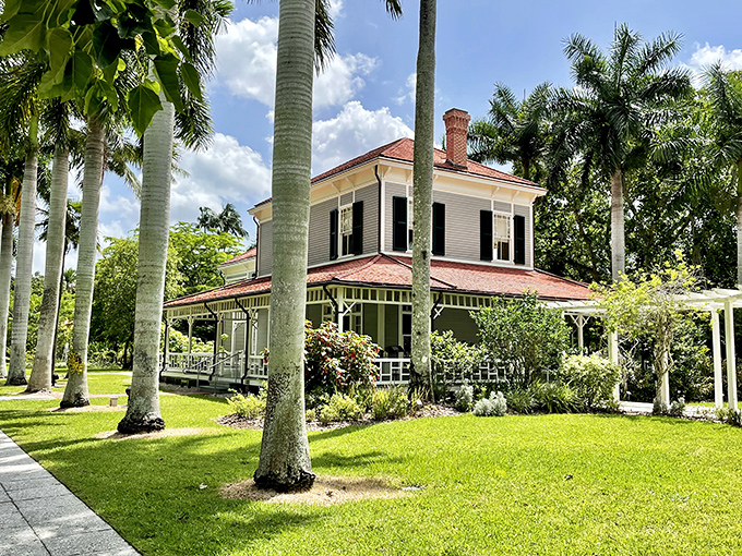 The charming winter residence sits nestled among royal palms, its wraparound porch practically begging for afternoon lemonade and big ideas.
