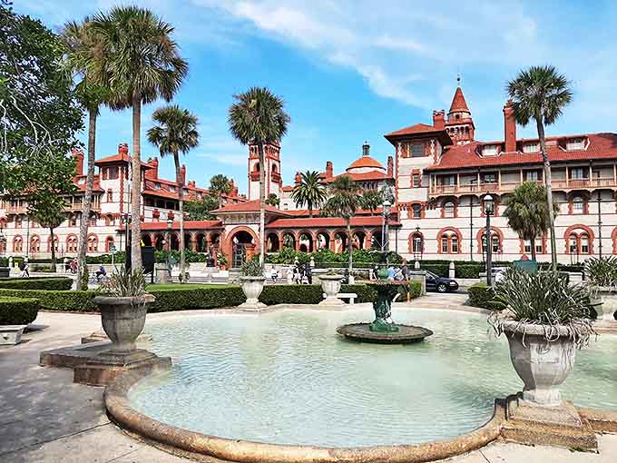 The historic fountain creates a serene centerpiece, inviting visitors to pause and soak in the Mediterranean ambiance of this Florida treasure.