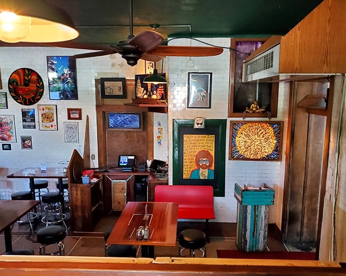 Eclectic artwork adorns walls that once witnessed medical miracles, now serving as backdrop to culinary ones.