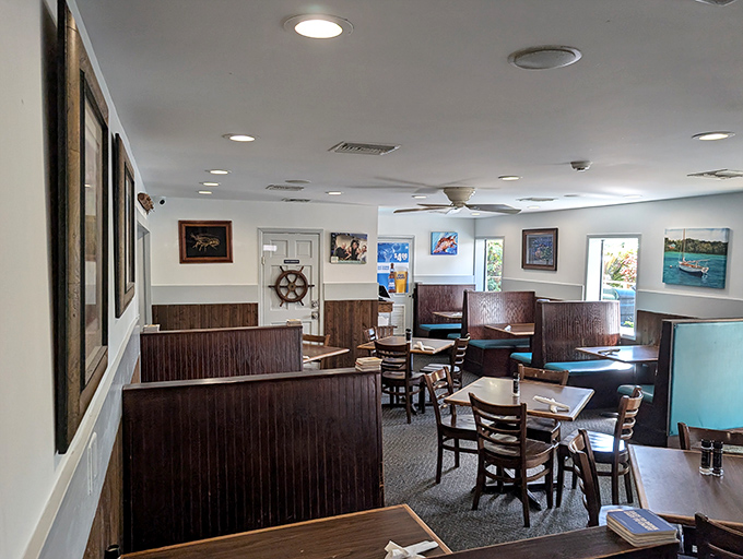 Nautical touches and cozy wooden booths create an atmosphere that's both maritime and welcoming &ndash; like dining in a captain's quarters.