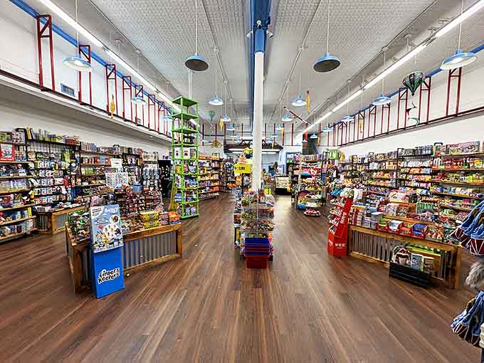 Polished wooden floors and high ceilings frame an interior that's less retail space and more Willy Wonka's fever dream come to life.