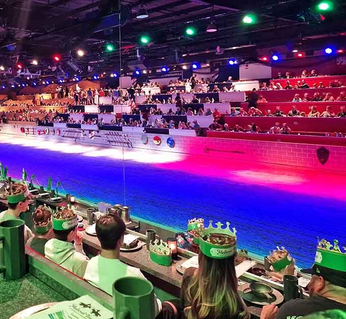 This colorful stage of blue and red proves that even medieval shows understand the universal truth: everything tastes better with color.