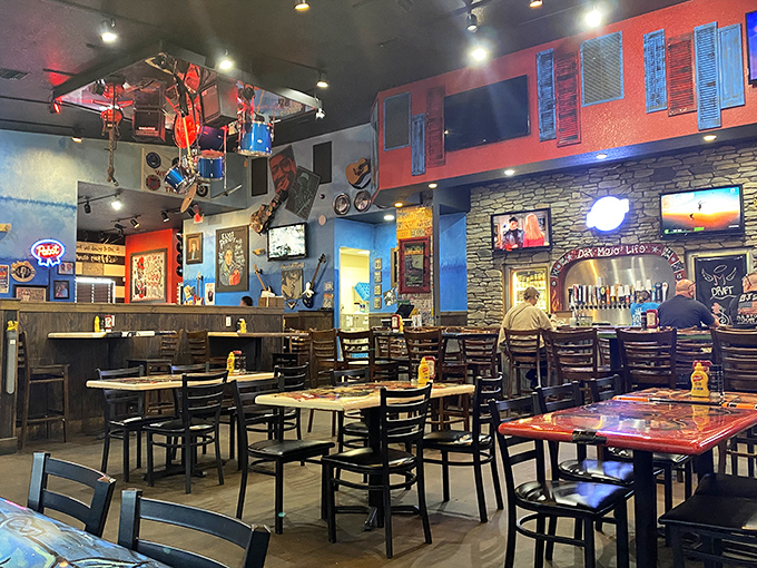 Step into a three-dimensional mixtape where instruments hang from the ceiling and music memorabilia creates a feast for the eyes before your meal arrives.