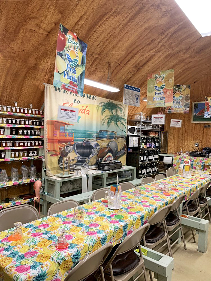 Step inside the Quonset hut and discover a tropical paradise of wine tasting, where colorful tablecloths and vintage Florida vibes set the scene.