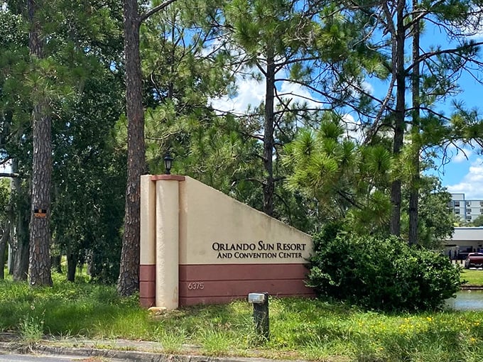 The entrance sign stands like a gravestone for vacations past, nature slowly reclaiming the letters that once welcomed excited tourists.