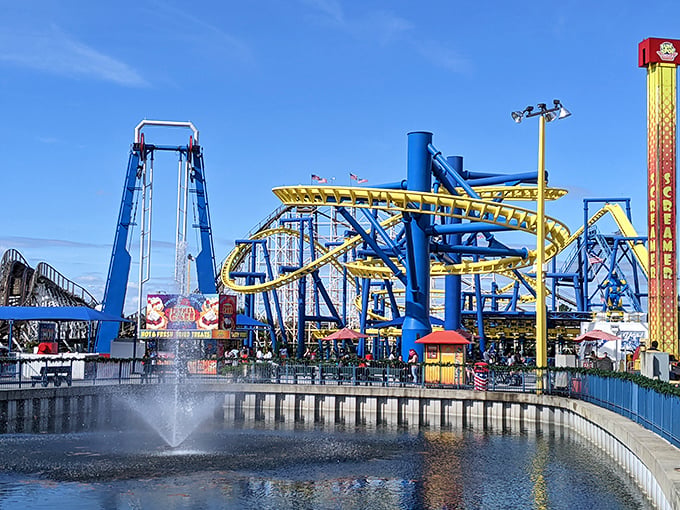 Freedom Flyer and Mine Blower coasters dominate the skyline, promising thrills without the need for a second mortgage or military-precision planning.