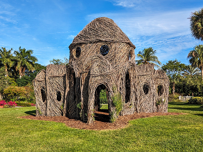 This whimsical woven structure looks like what would happen if birds decided to build a cathedral &ndash; architectural genius meets natural materials.