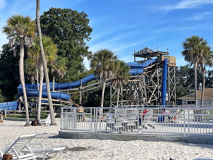 These twisting blue waterslides aren't just any old plunge&mdash;they deliver you straight into the refreshing embrace of natural spring water!