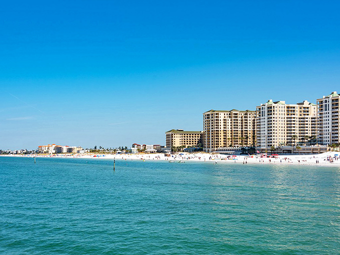 Clearwater Beach lives up to its name with crystal waters meeting pristine white sand, creating a postcard-perfect Florida scene.