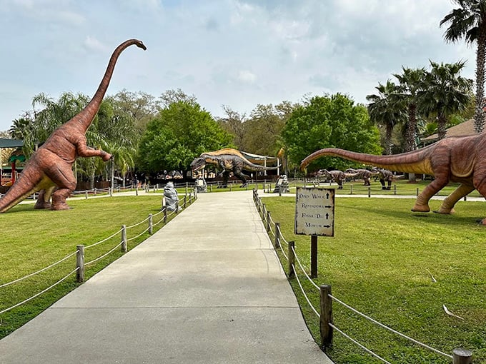 Life-sized dinosaur replicas transport visitors back millions of years to prehistoric times.