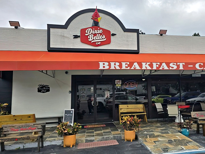 Dixie Belle's bright orange awning signals a Southern comfort food paradise, where breakfast is served with a side of "honey, take your time."