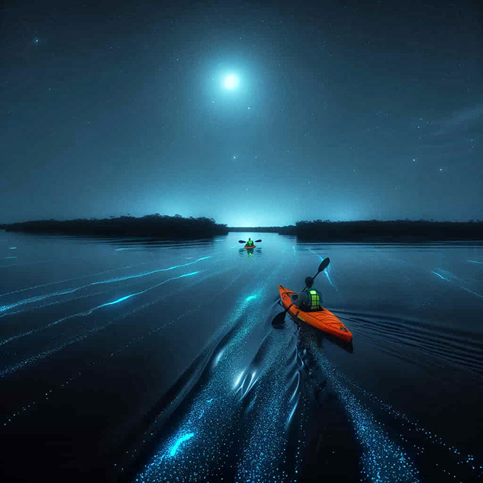 Paddling through liquid starlight! Kayakers create comet-like trails across Indian River Lagoon's bioluminescent waters under the watchful gaze of the moon.