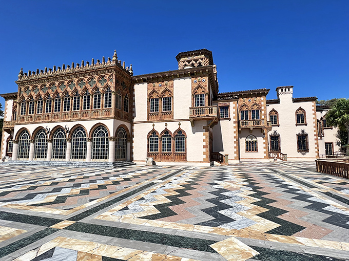 The Ringling Museum's Ca' d'Zan mansion showcases stunning Venetian Gothic architecture with intricate details that transport visitors to Italy.