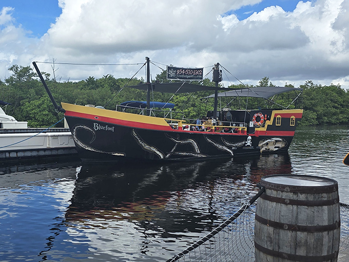 Skull and crossbones proudly displayed, this compact pirate ship proves big adventures come in smaller packages for intimate seafaring fun.