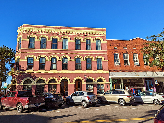 The colorful historic buildings in Fernandina Beach create the perfect backdrop for a day of antique hunting and coastal charm.
