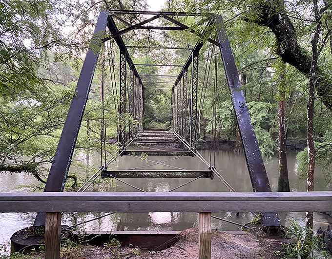 Reflections dance on the dark waters beneath the bridge, doubling the visual impact of this historic crossing.