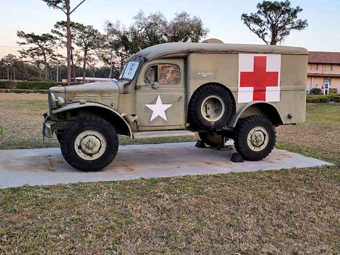 This vintage military ambulance raced against time carrying wounded soldiers, now resting peacefully after years of urgent missions.