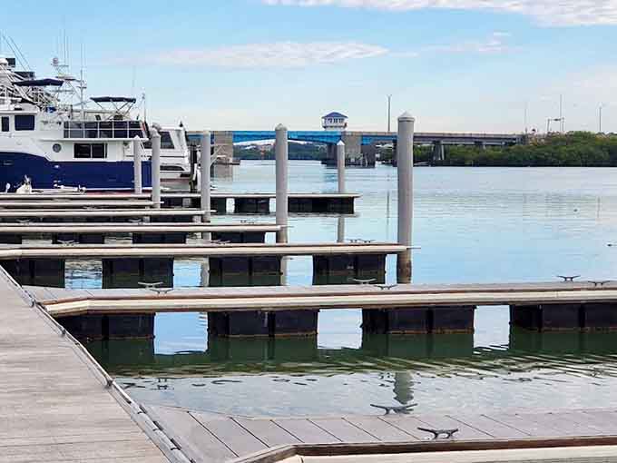 Wooden docks extend into calm waters, inviting anglers and daydreamers alike to test their luck or simply watch the world float by.